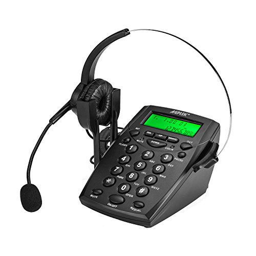 AGPtekÂŽ Handsfree Call Center Dialpad Corded Telephone #HA0021 with Monaural Headset Headphones Tone Dial Key Pad & REDIAL- 1 Year Warranty
