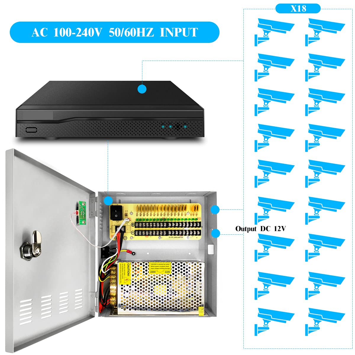 9 Channel 12 Volt DC Output 5A CCTV Distributed Power Supply Box for Security Camera with AC Plug and Lock for Security Cameras, DVRs, CCTV Power Supply (5A 9-Channel)