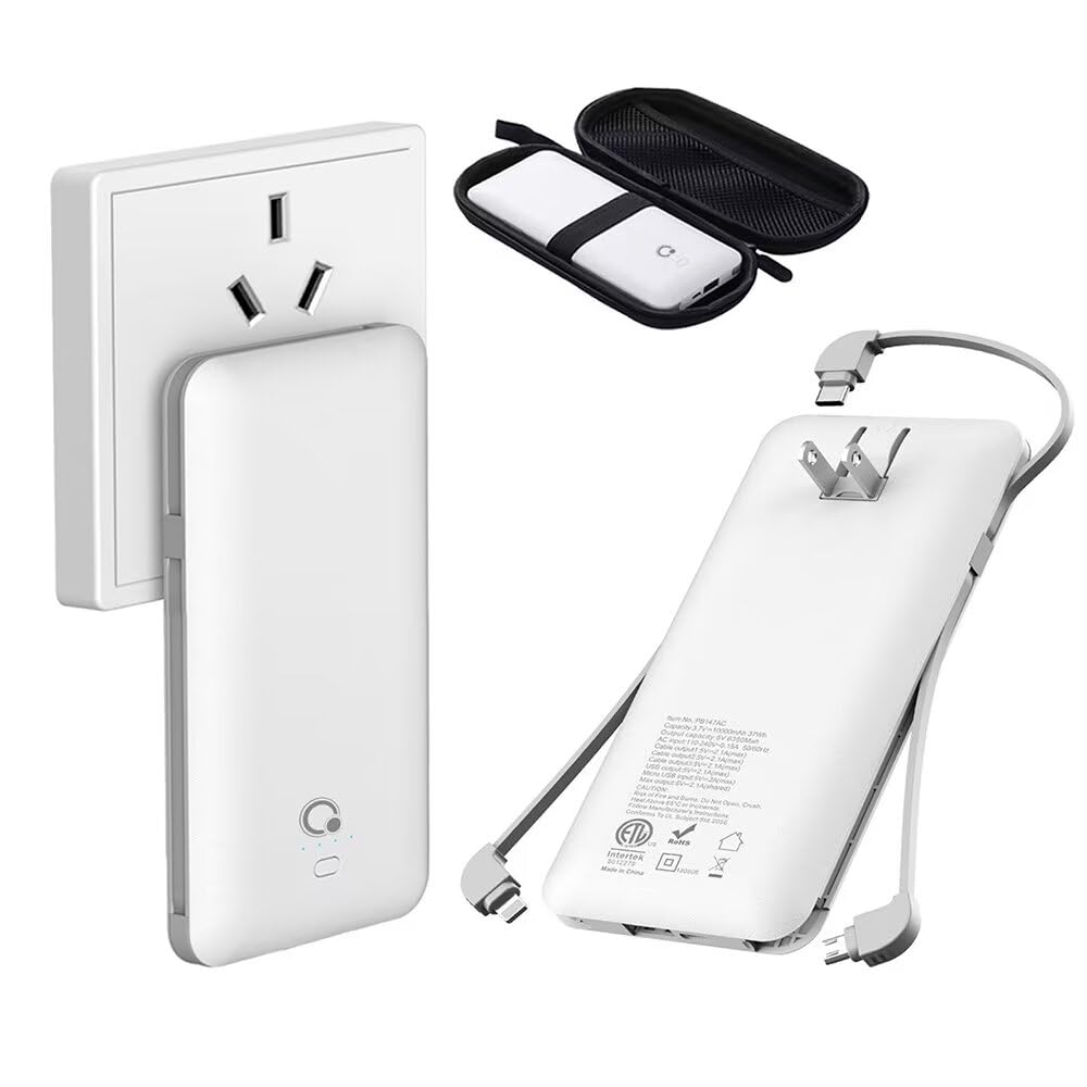 10000mAh Portable Charger, Q Slim USB C Power Bank, 4 Output 2 Input External Battery Pack with Built-in Cabels AC Wall Plug, Compatible with iPhone Samsung etc