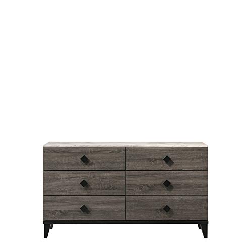 Acme Furniture 6 Drawers Wood Dresser with Faux Marble Top, Rustic Gray Oak/Black