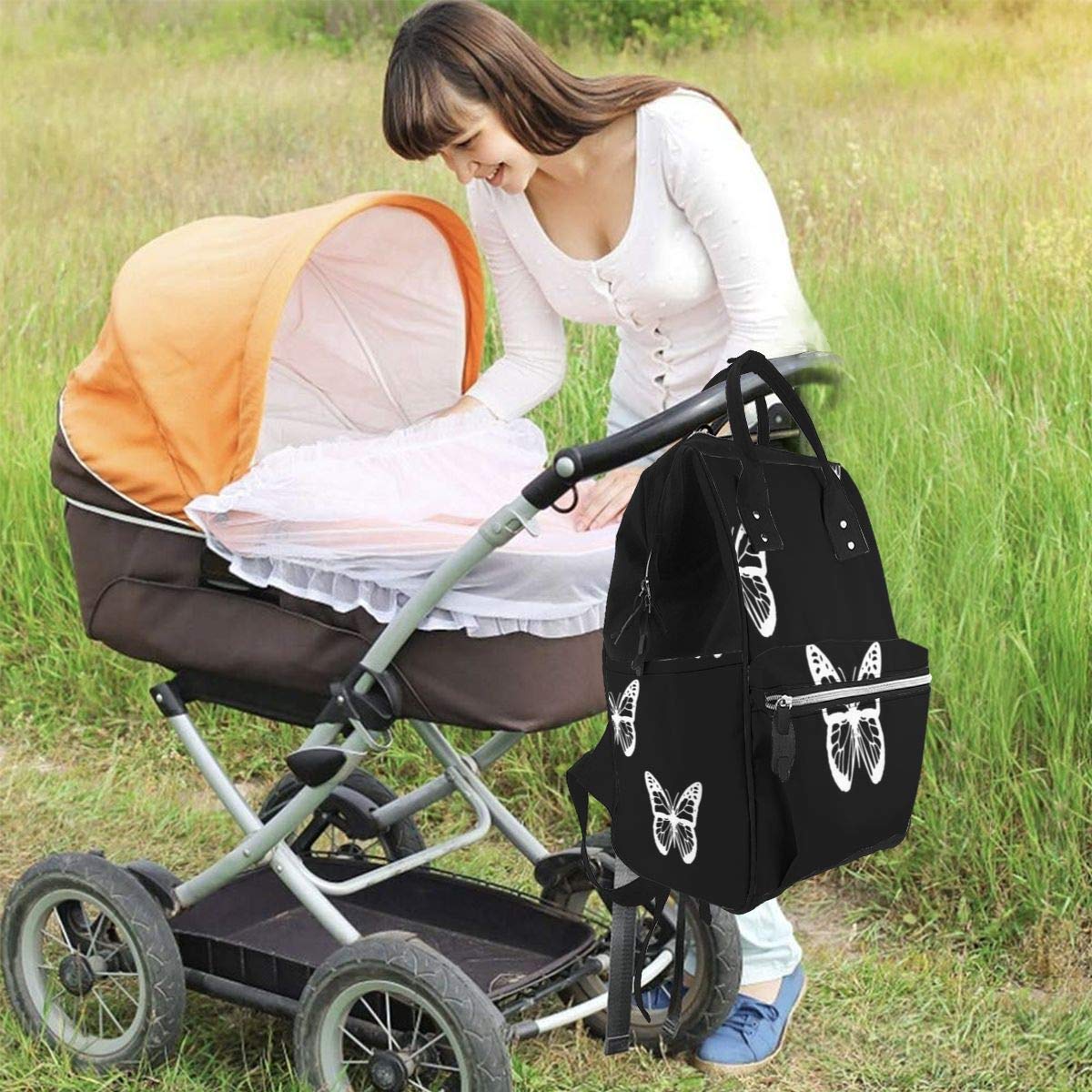 Black and White Butterflies Diaper Bag Backpack Multi Function Nappy Bag Large Capacity Mommy Backpack Organizer for Baby Care Baby Bag for Mom and Dad