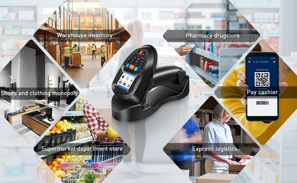 1D 2D Wireless Barcode Scanner, JRHC Portable Inventory Scanner with Charging Base Data Collector Barcode Reader Data Terminal 2 in 1 USB Connection & 2.4G Wireless Bar Code Scanners with 2.2" Screen