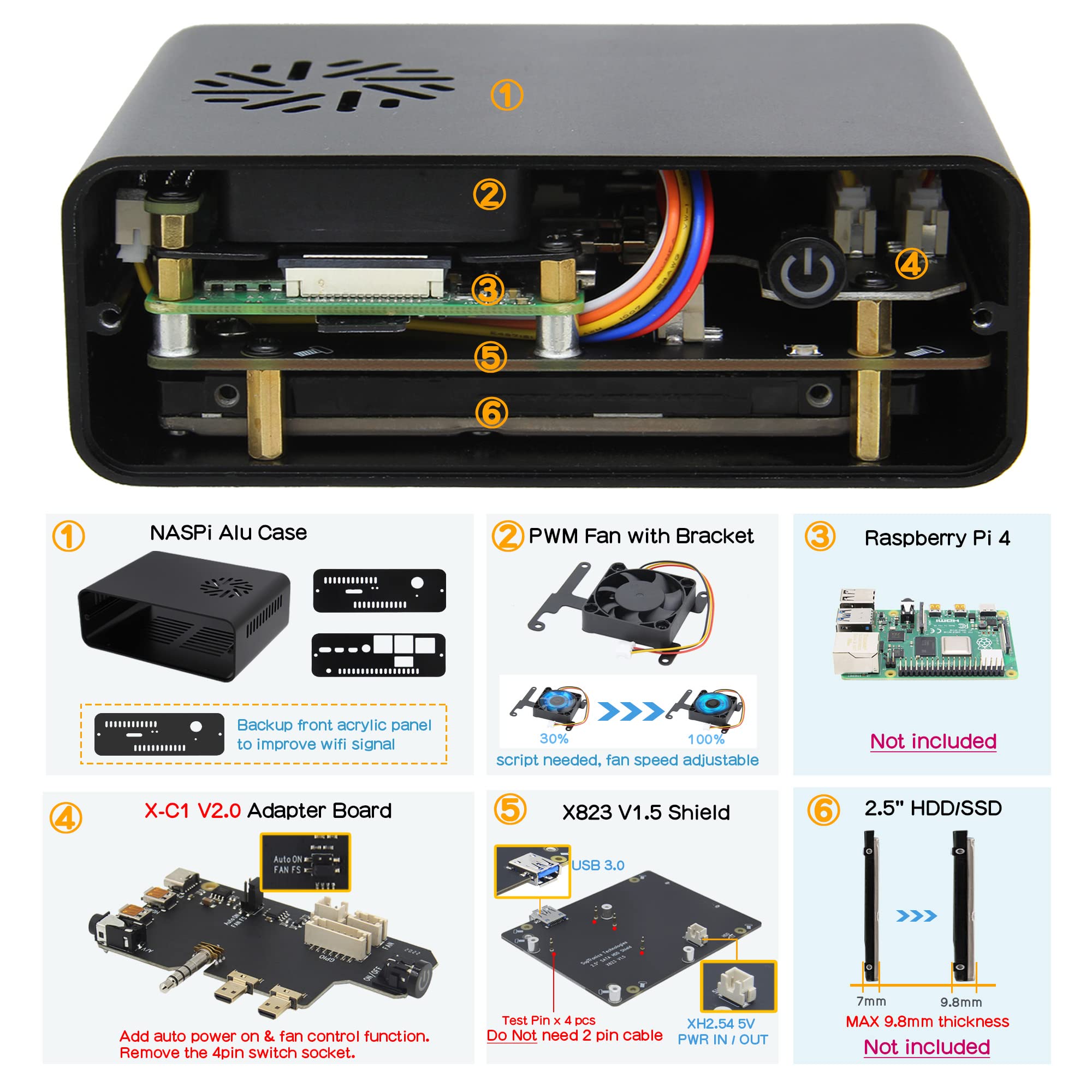 Geekworm NASPi V2.0 2.5 inch SATA HDD/SSD NAS Storage Kit with Safe Shutdown & Auto Power On Function for Raspberry Pi 4 Model B(Not Include Raspberry Pi 4)
