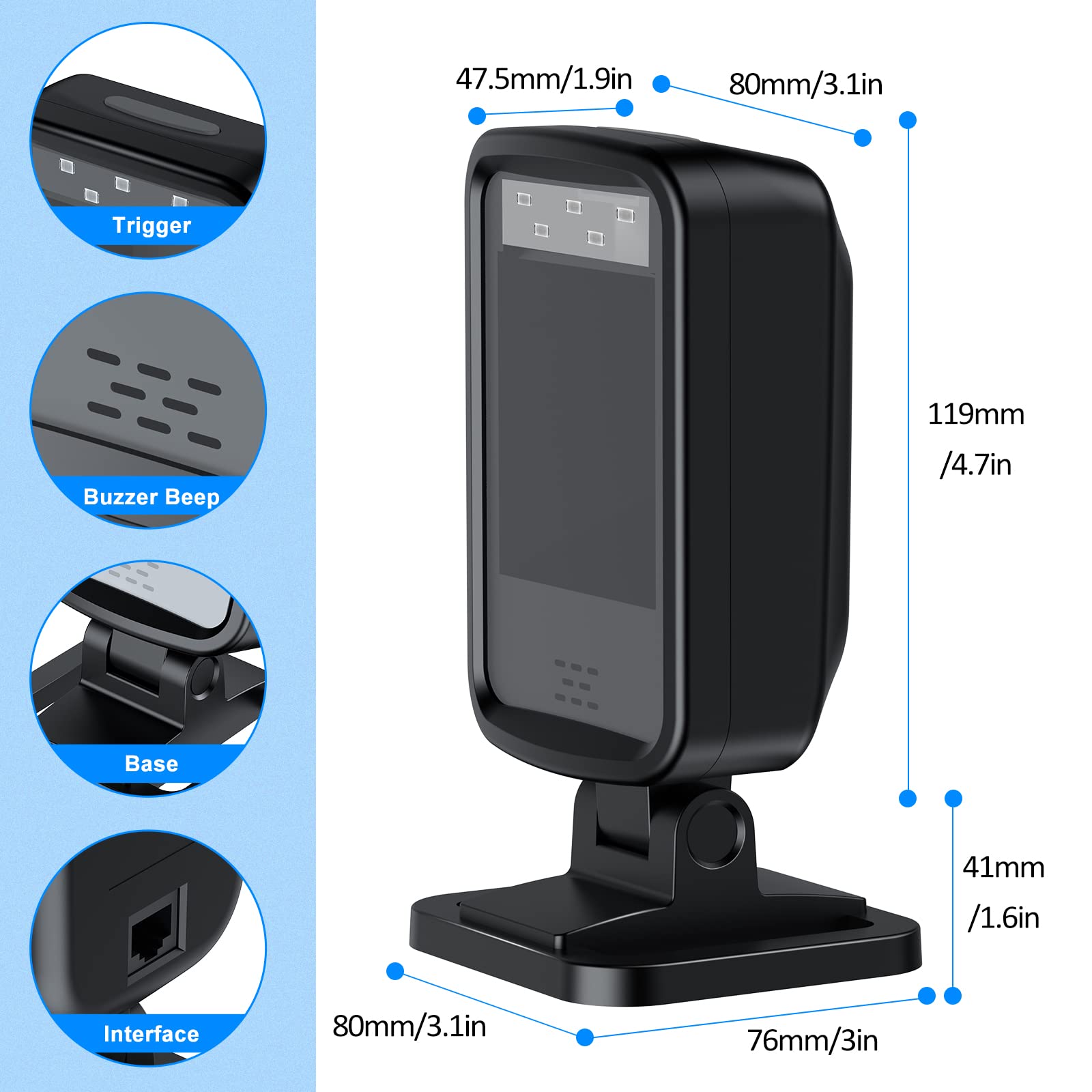 1D/2D Automatic Omnidirectional Desktop Wired USB Bar Code Scanner Reader,Plug and Play,Handsfree Barcode Scanner for Warehouse, Supermarket, Retail Store, Bookstore Pos System
