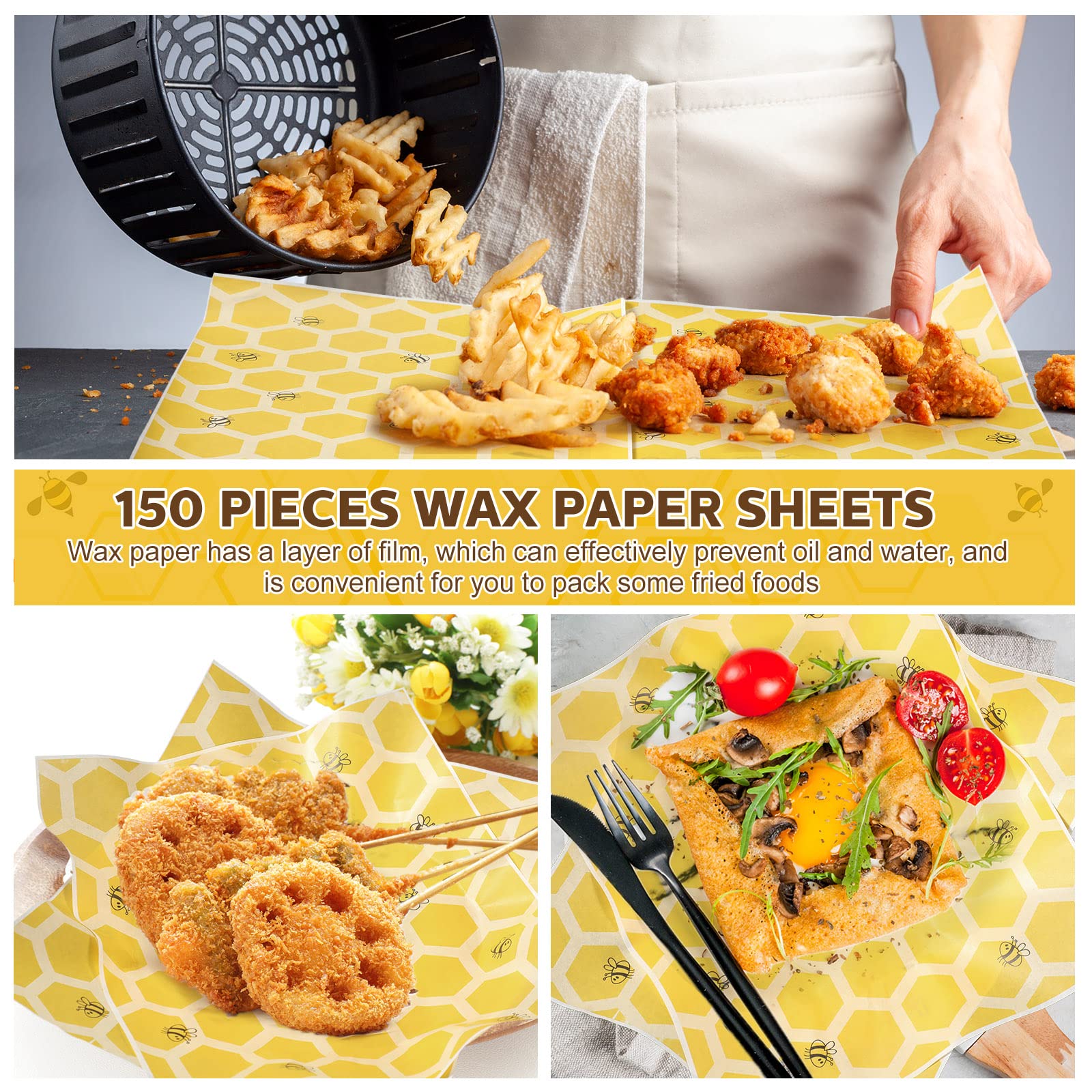 150 Pieces Wax Paper Sheets for Food Sandwich Wrap Paper Waterproof Wrapping Oilproof Picnic Food Basket Liners with Honeycomb Pattern for Home Kitchen Baking Food Basket