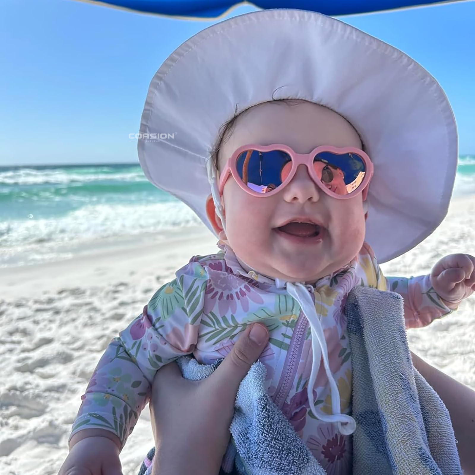 COASION Baby's First Sunglasses with Strap, Unbreakable Polarized Newborn Infant Heart Sunglasses for Ages 0-24 Months (Pink Frame/Pink Mirrored Lens)
