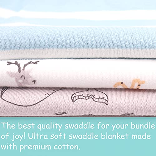 Hooyax Swaddle Blanket for Baby Boys and Girls, Cotton Swaddle Wrap Adjustable Sleep Sack for Newborn Baby, 3 Pack, Whale Stripe Animal Small(0-3 Month)