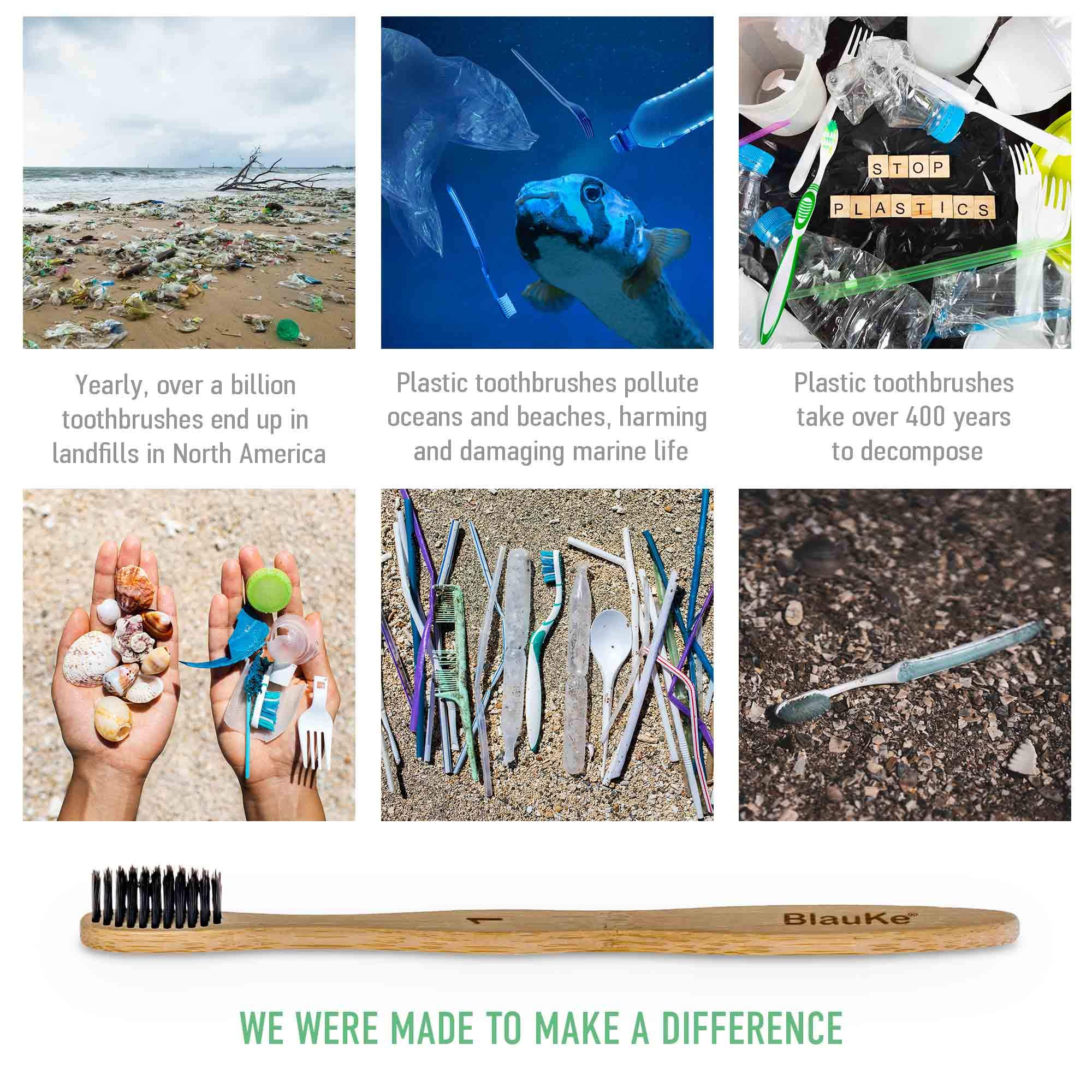 BlauKe Bamboo Toothbrushes Soft Bristles 4-Pack – Biodegradable, Sustainable, Natural, Eco-Friendly – Black Charcoal Wooden Toothbrushes