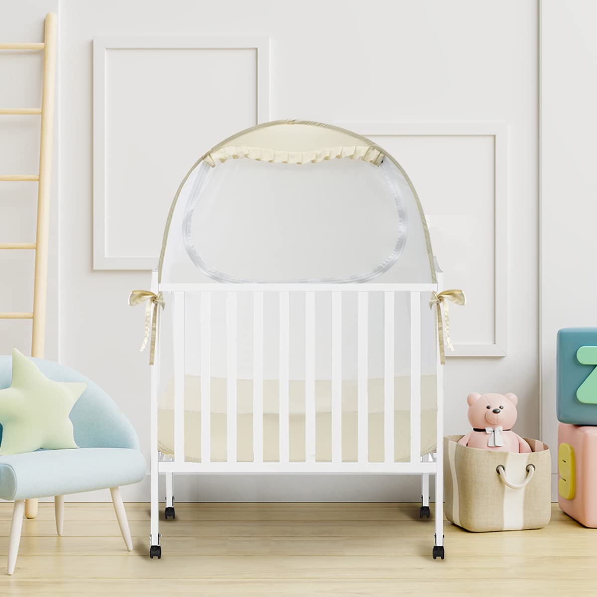L RUNNZER Pop Up Pack N Play Tent, Baby Crib Net to Keep Baby in, Toddler Mini Crib Canopy for Pack and Play, Mini Cribs & Playard, See Through, Breathable & Portable