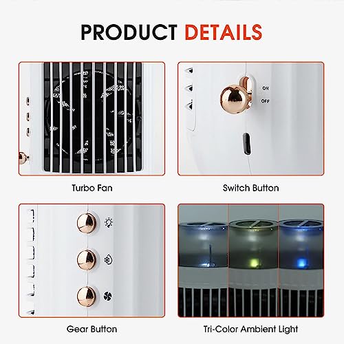 Aire Acondicionado Portatil Para Cuarto | 400ml water tank Mini Air Cooler Fan, Portable Air Cooling Cooler with 3-speeds, 2 Mist Modes | Usb Air Conditioner for Home Office Camping