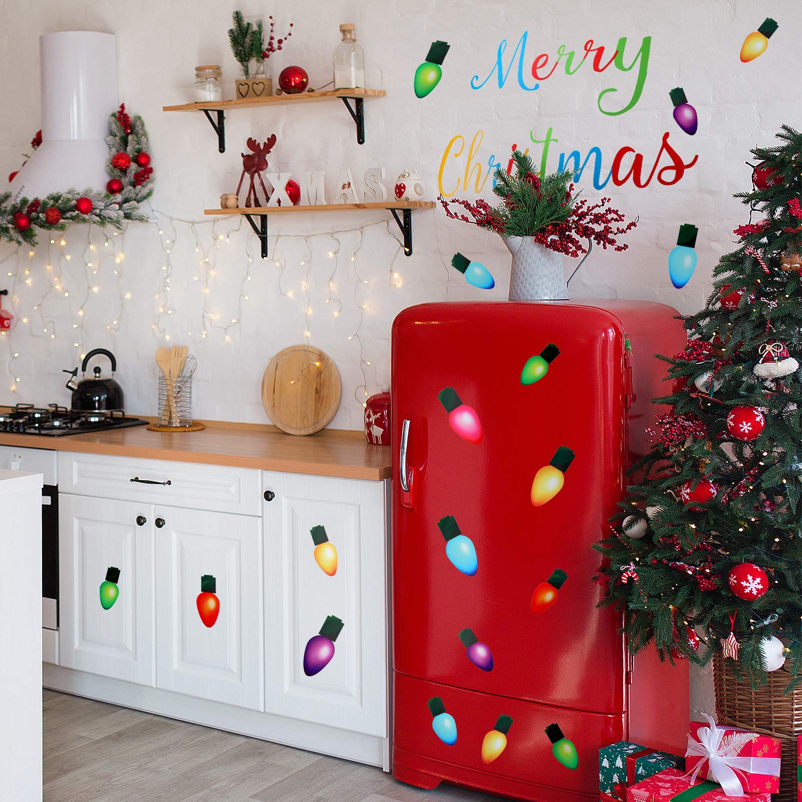 91 Pieces Christmas Wall Stickers Christmas PVC Merry Christmas Lights Bulb Wall Decals for Christmas Decoration