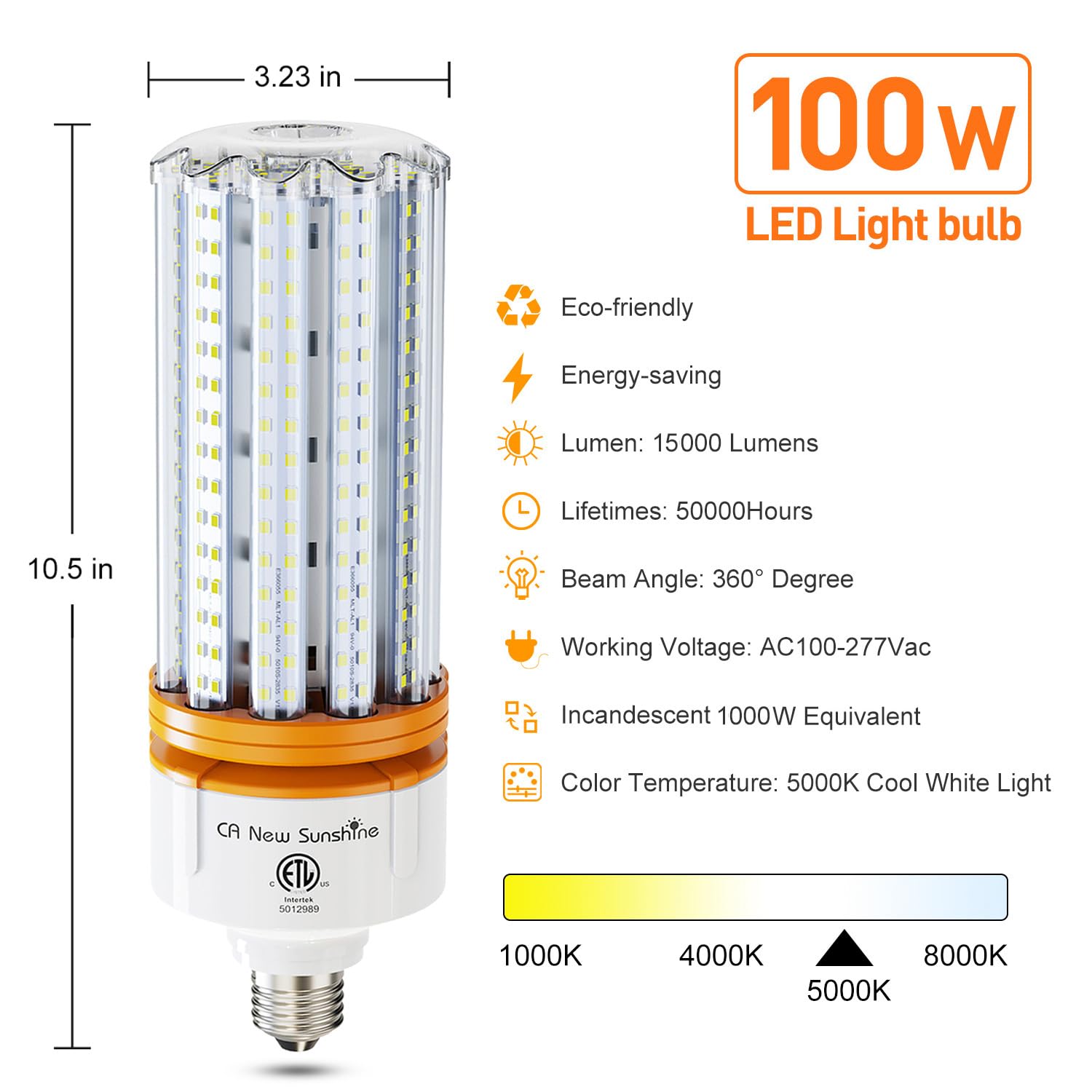 1000W Equivalent Led Corn Light Bulbs,100W Led Corn Bulb 15000 Lumen, 5000k Daylight White lamp, E26/E39 Medium Mogul Base, Large Area Lights for Outdoor Indoor Garage Warehouse High Bay Lighting