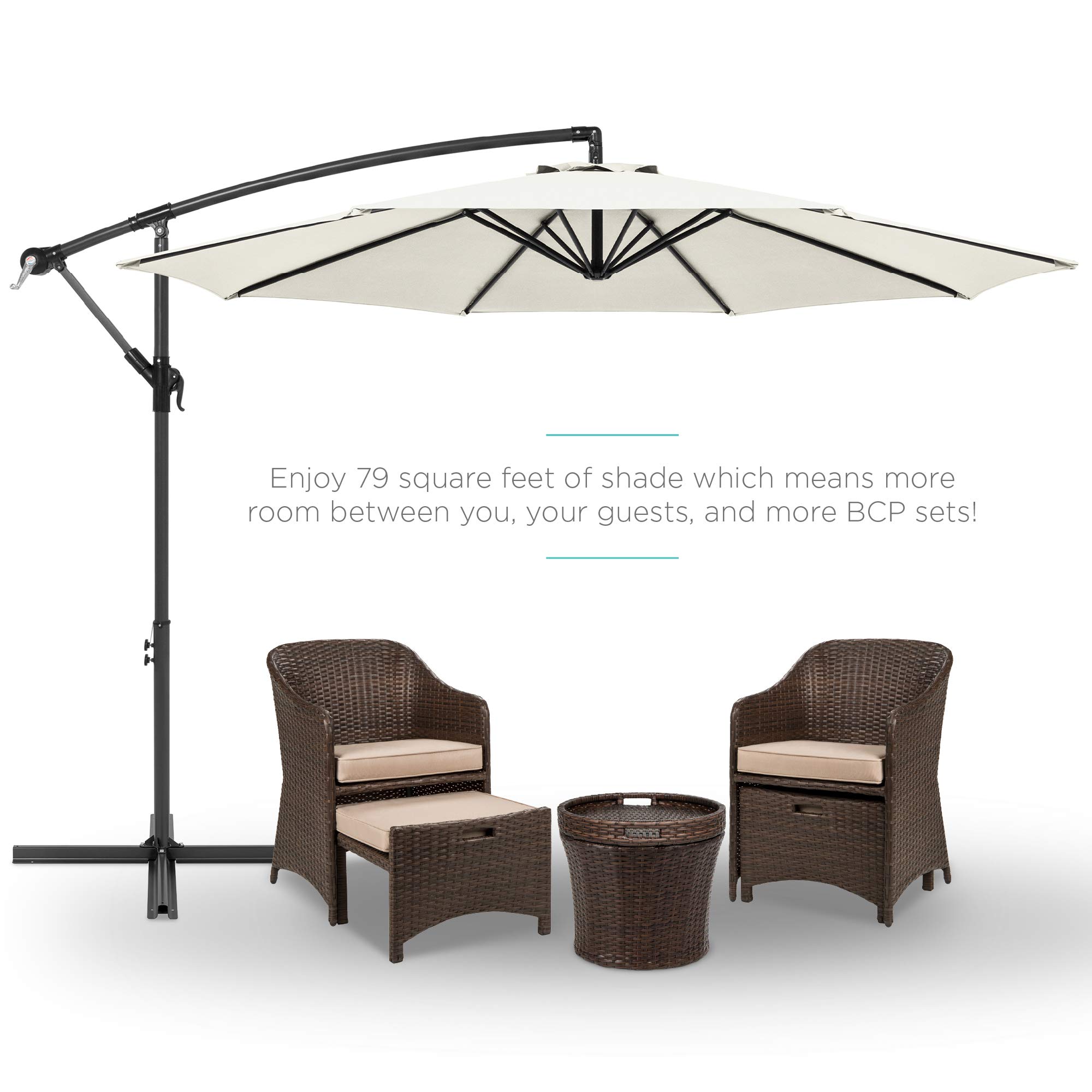 10FT Hanging Umbrella Patio Sun Shade Offset Outdoor Backyard Adjustable Durable Umbrella, with Cross Base Included (Rice White)