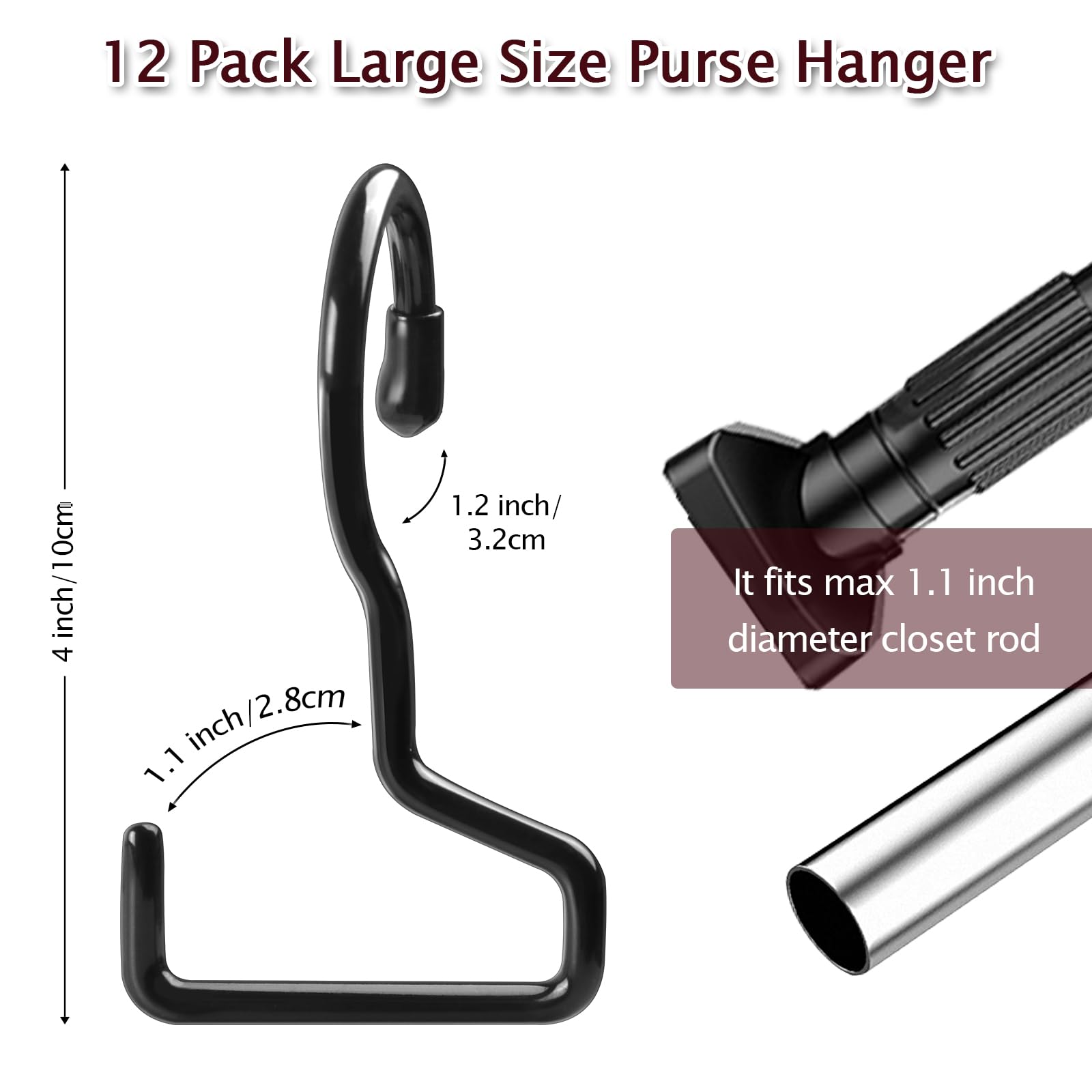 12 Pack Purse Hanger for Closet, 4 Inch Closet Purse Organizer Bags Hanger Purse Hooks,Vinyl Coated Black Closet S Hooks for Hanging Clothes, Hat, Belt, Backpack, Scarves, Jeans, Pans and Pots