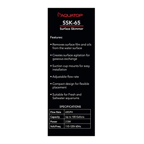 Aquatop 65 GPH Internal Surface Skimmer β for Tanks Up to 100 Gallons, Salt & Freshwater Tanks, Removes Film & Oil from Water Surface, Suction Cup Mounts for Versatile Placement, SSK-65