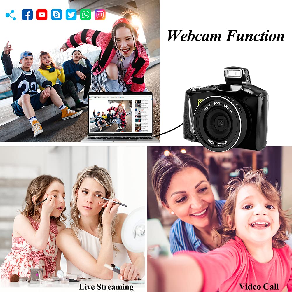 Lincom Tech Digital Camera, 2.7K 48MP Full HD Vlogging Camera Rechargeable YouTube Camera, 3 Inch Portable Compact Mini Blogging Camera Point and Shoot Camera for YouTube, Black