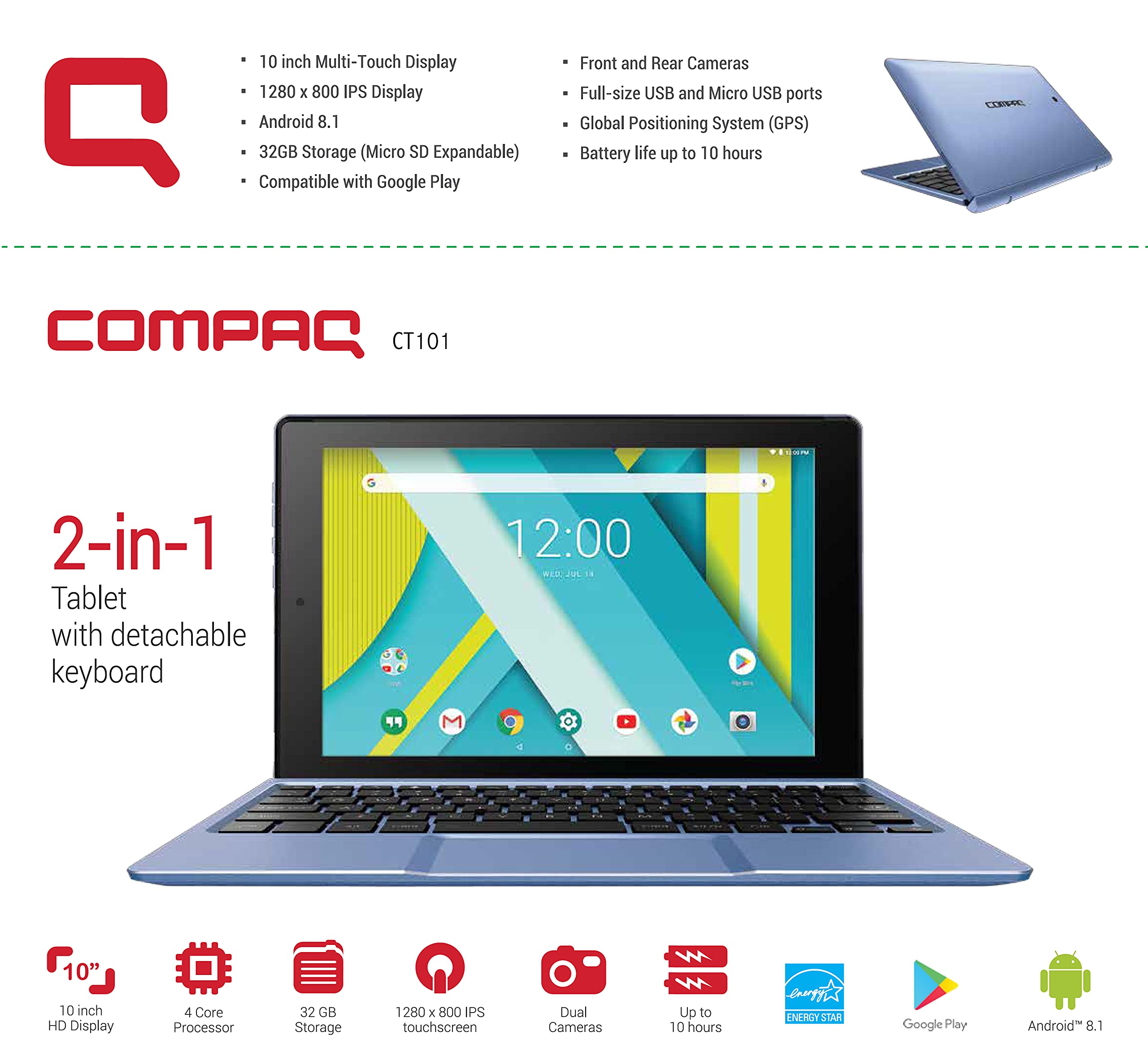 Compaq 10" HD IPS 2GB RAM 32GB Storge Quad-Core Android Tablet with Docking Keyboard (Slate Blue)