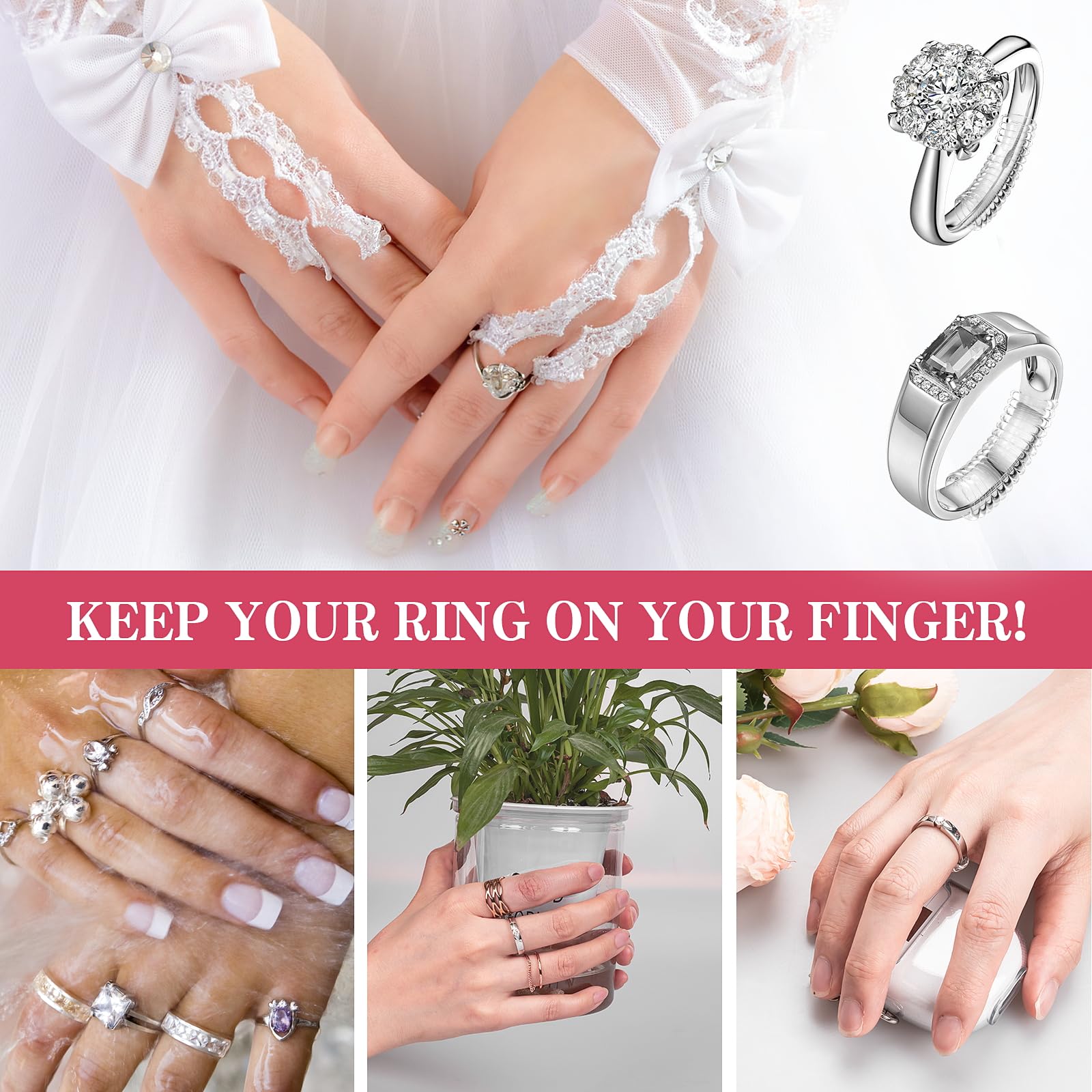12 Pack Ring Sizers for Loose Rings - 4 Sizes Clear Silicone Ring Size Adjuster, Invisible Ring Guard, Spiral Resizer, and Tightener Spacer, Non-Slip Fit, Adjustable and Comfortable, for Women and Men