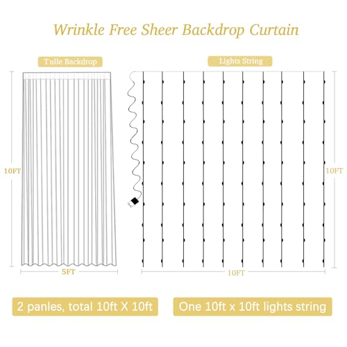 10ft x 10ft White Sheer Tulle Backdrop Curtains with Lights String for Party Wedding Wrinkle Free Curtain Backdrops Drapes for Baby Shower Birthday Party Photo Back Drop Background Home Decorations