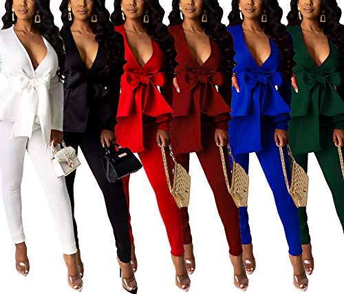 2 Piece Blazer Suit for Women Sexy Long Sleeve Deep V Neck Bow Tie Ruffle Hem Peplum Blazer Jacket with Bodycon Long Pants Set Work Office Party Club Outfits Blue, Large