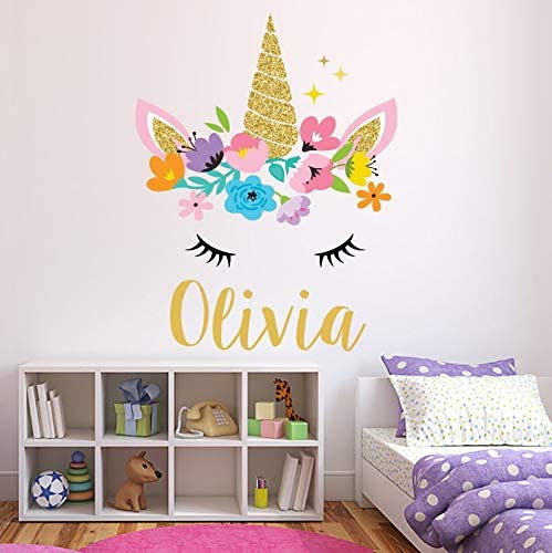Unicorn Wall Decal Art Personalized Name Wall Decals Girls Bedroom Nursery Wall Decor Removable Vinyl Wall Stickers ND15 (24"W x 16"H inches)