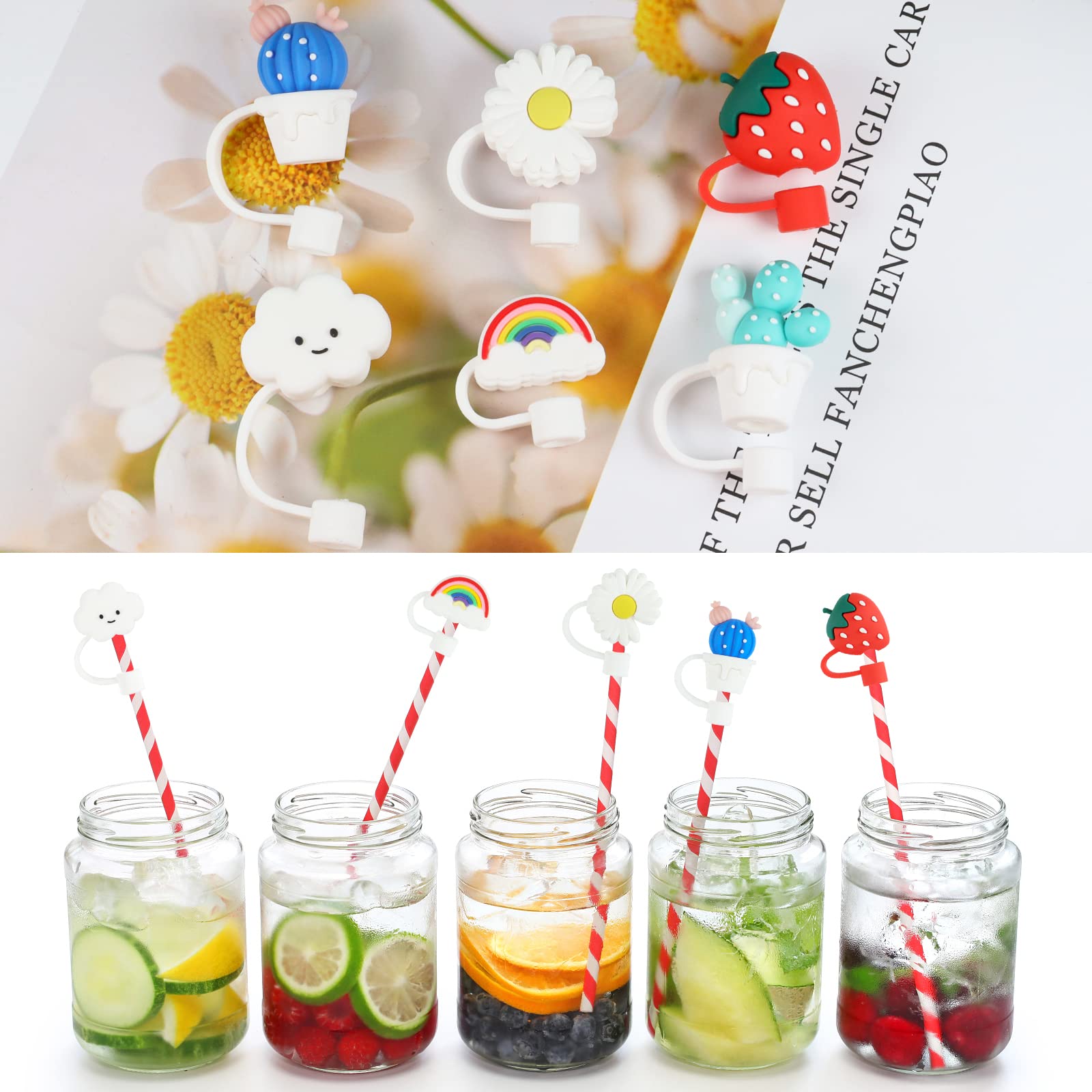 12 Pcs Silicone Straw Plug Reusable Straw Cover Cap Cute Cartoon Straw Tips Seal Splash Proof Straw Protector Caps Dust-proof Cup Straw Accessories for 6-8mm Straws