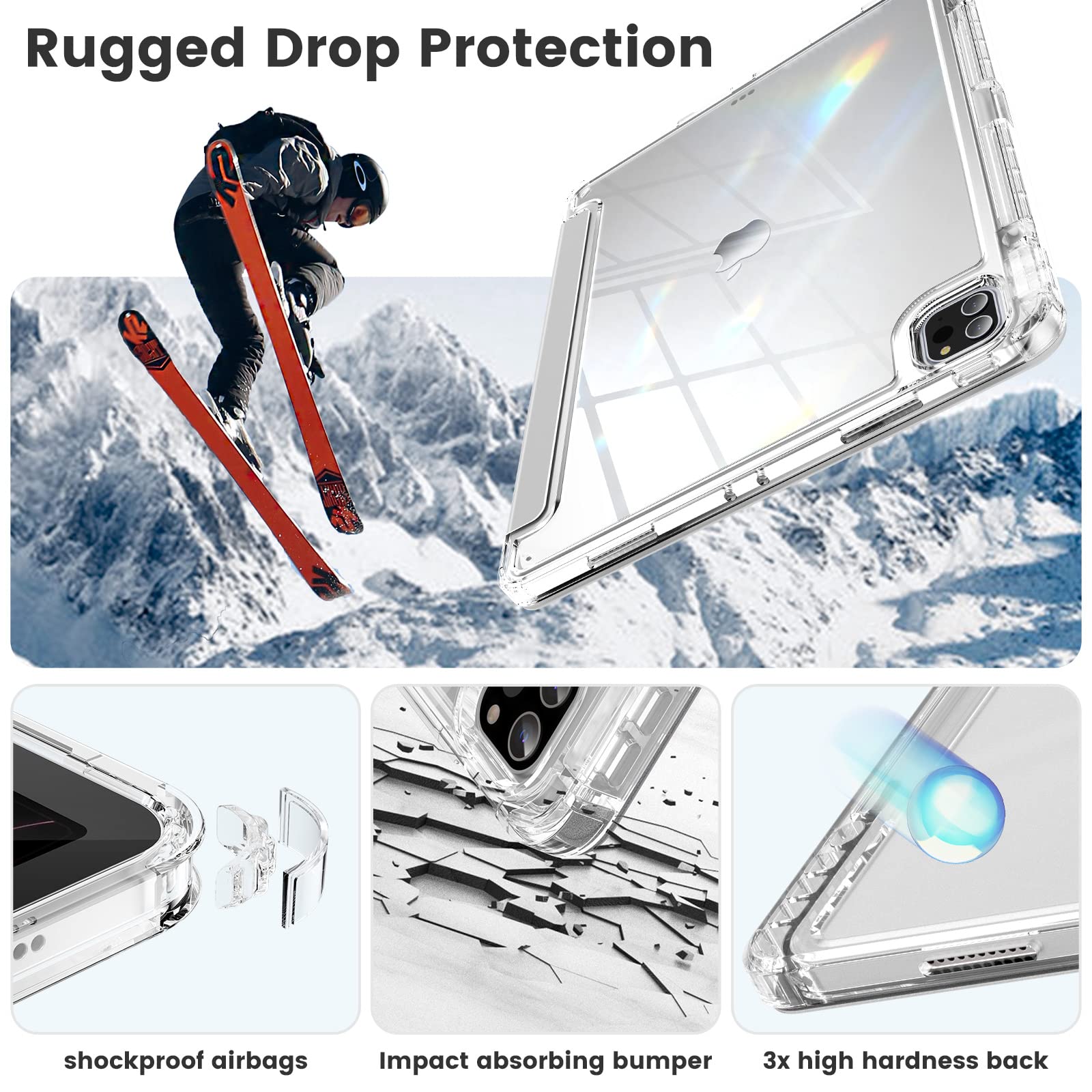 INFILAND Compatible with iPad Pro 12.9 Case 2022/2021(6th/5th Gen), [Crystal Clear Both Back & Frame] Anti-Yellowing + Pencil Holder (A2378, A2461, A2379, A2462, A2436, A2764, A2437, A2766), Silver