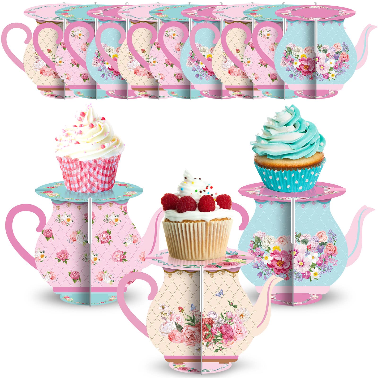 12 Pcs Tea Party Decoration Small Teapot Cupcake Stand Teapot Party Favor Vintage Tea Party Table Decoration Flower Cake Dessert Stand for Tea Party Supplies Birthday Wedding Women Girl