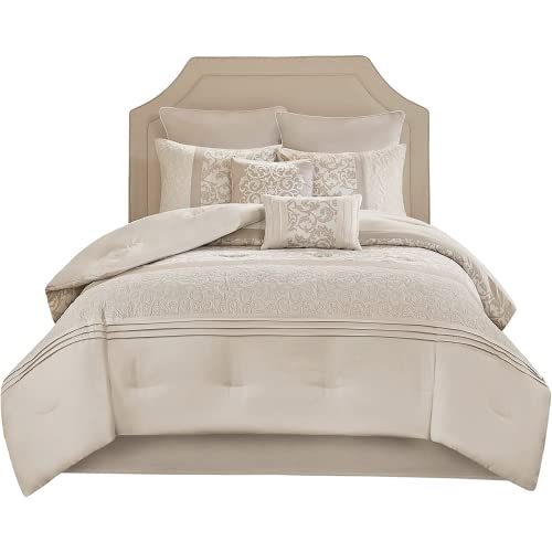 510 DESIGN Luxe Quilted Comforter Set Modern Transitional Design, All Season Down Alternative Warm Bedding Matching Shams, Bedskirt, Decorative Pillow, Queen, Ramsey Damask Neutral