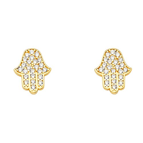 14k REAL Yellow Gold CZ Hamsa Earrings with Push Back (10 x 7 mm)