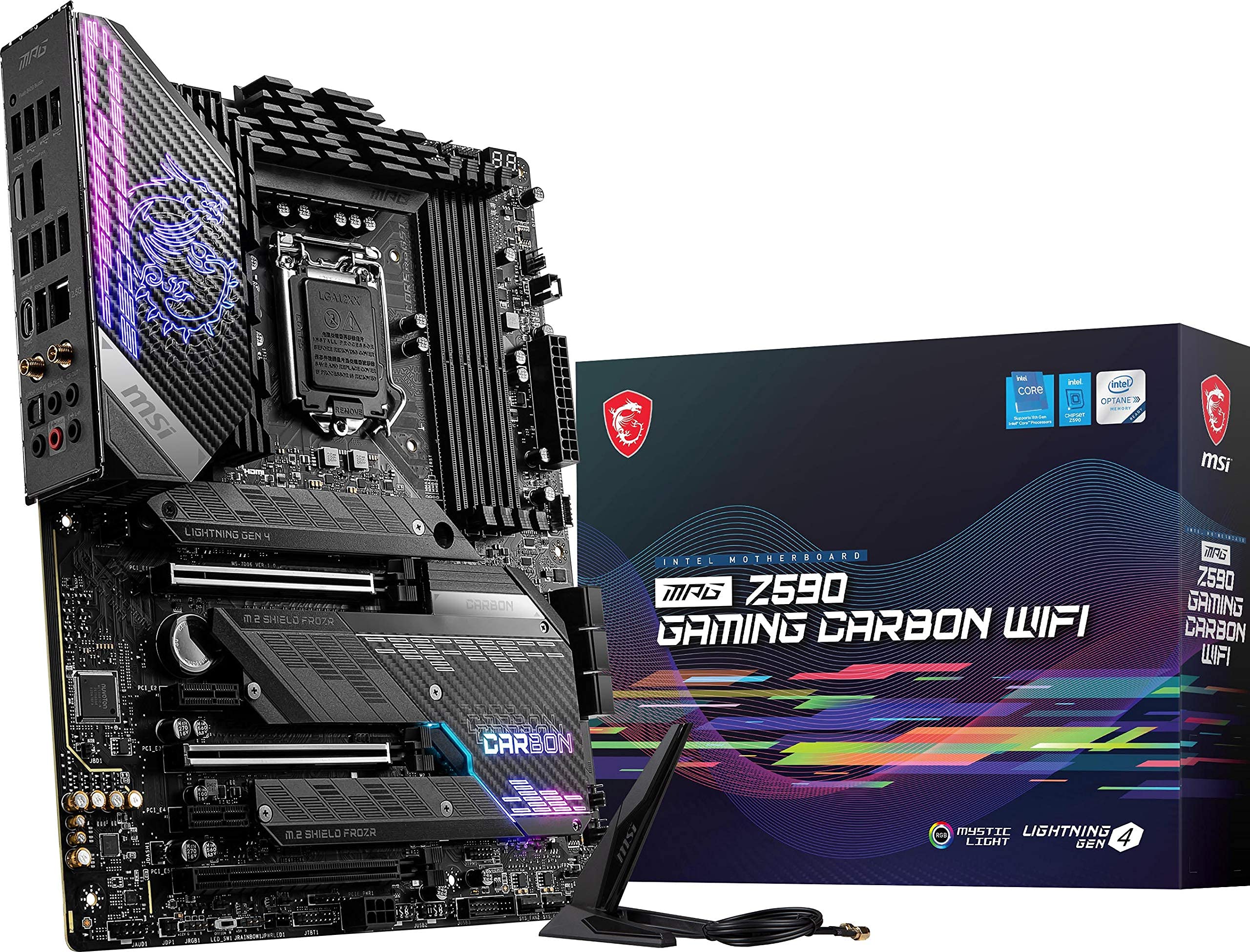 MSI MPG Z590 Gaming Carbon WiFi Gaming Motherboard (ATX, 11th/10th Gen Intel Core, LGA 1200 Socket, DDR4, PCIe 4, CFX, M.2 Slots, USB 3.2 Gen 2, Wi-Fi 6E, DP/HDMI, Mystic Light RGB) (Renewed)