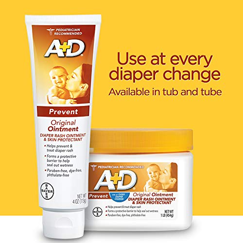 A+D Original Diaper Rash Ointment, Baby Skin Protectant With Lanolin and Petrolatum, Seals Out Wetness, Helps Prevent Diaper Rash, 4 Ounce Tube, Packaging May Vary
