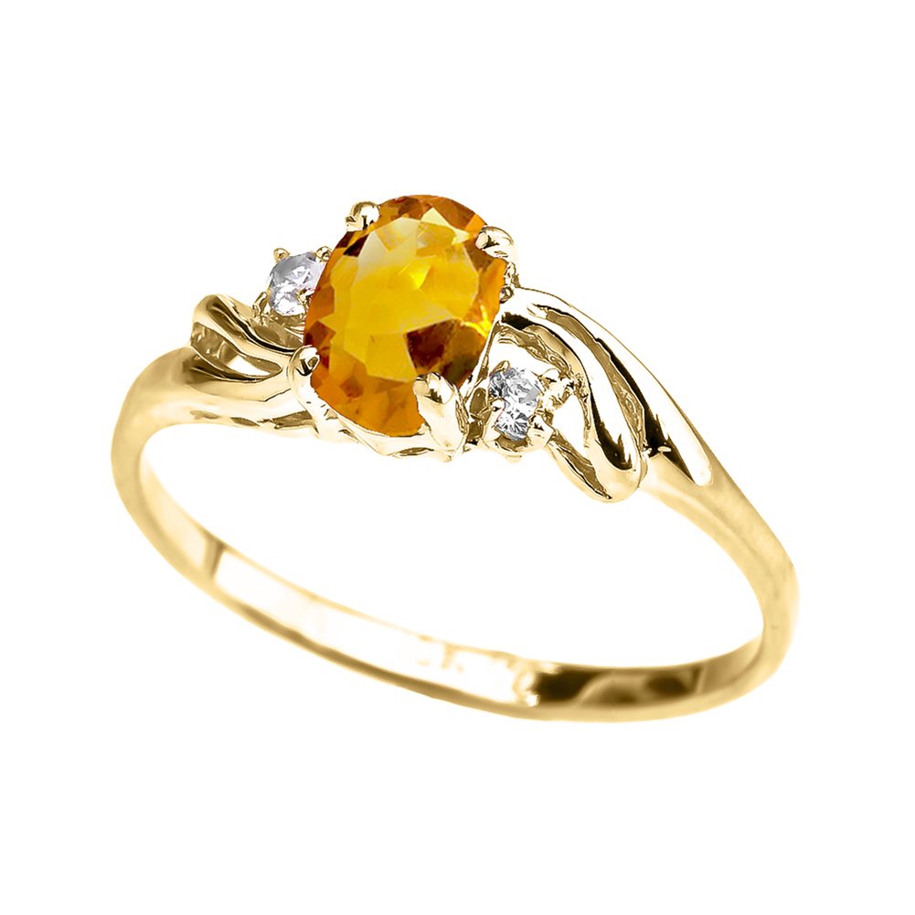 10K Yellow Gold, Orange-Yellow Oval Cut Cubic Zirconia & White Topaz Three Stone Swirl Simulated Citrine November Engagement Ring - Size 6-1/2