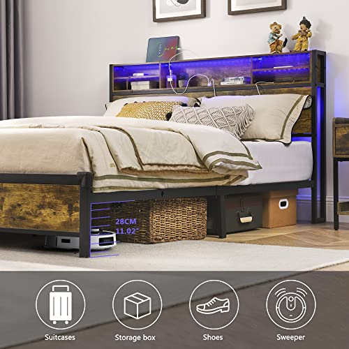 Alohappy Full Size Bed Frame with Led Bookcase Headboard and Charging Station,Metal Platform Bed Frame with RGB Light Strips, Sturdy and No Noise Easy Installation No Box Spring Needed