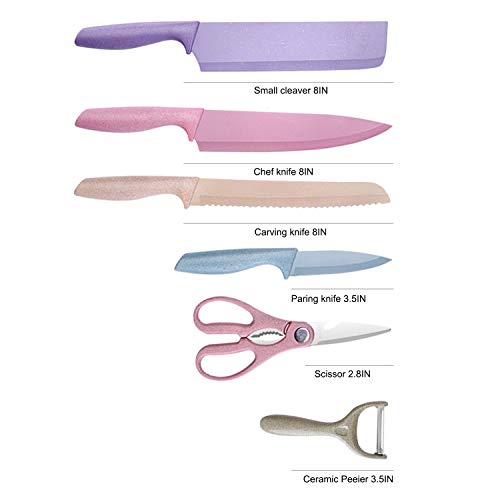 Colorful Knife Set for 6 Pieces, High Carbon Steel Kitchen Knife Set, Environmental Wheat Straw Material Handle, Sharp All-purpose Professional Chef Knife with Gift Box YIPFUNG