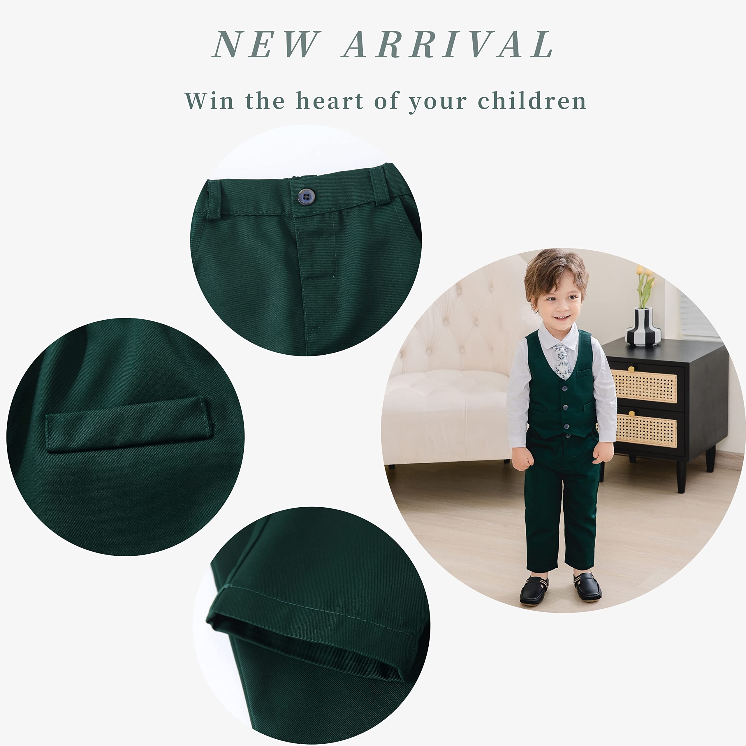 Baby Boy Gentleman Set with Dress Shirt+Bow Tie+Vest and Pants 3PC Set (Green, 4T)