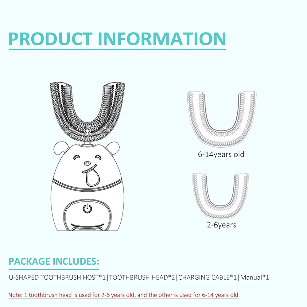 AIXIU Automatic Electric Toothbrush Kids with U Shaped Brushes, 360° Ultrasonic Toothbrush with 2 Different Size Brush Head, IPX7 Waterproof, Three Clearing Modes, for Toddlers Children Age 2-14
