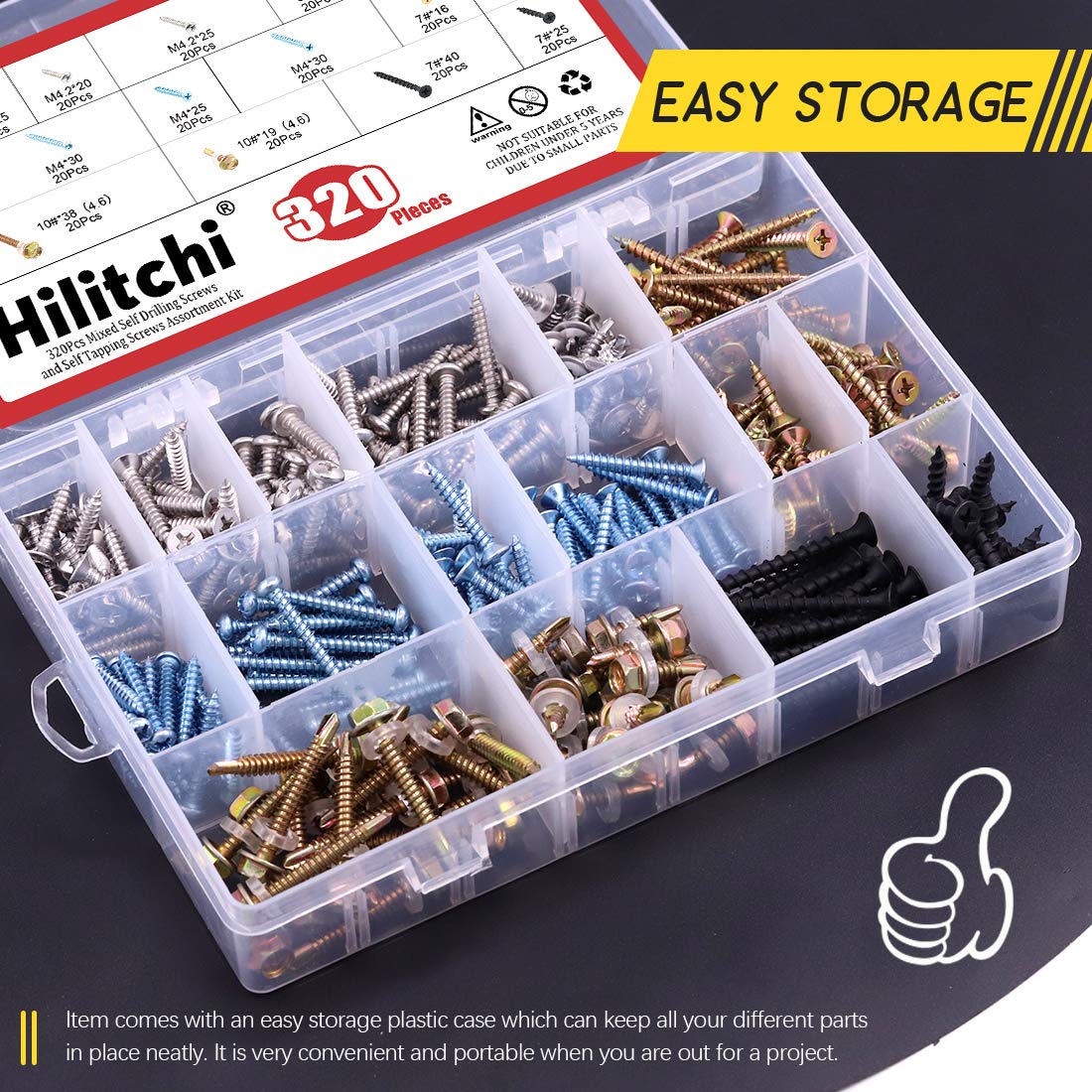 Hilitchi 320Pcs Self Drilling Self Tapping Screws Stainless Steel Zinc Plated Phillips Flat Head Bugle Head Pan Head Wafer Head Screw Assortment Kit for Wood Screws, Sheet Metal Screws, and Drywall