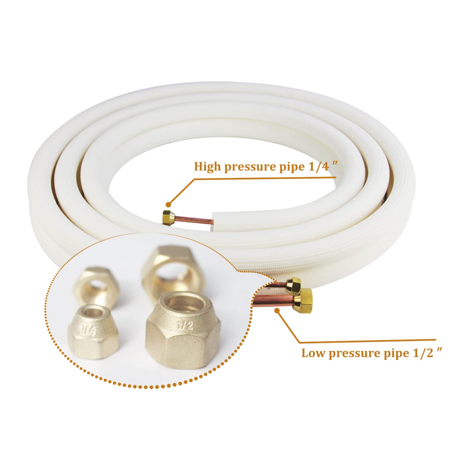 25 Ft Air Conditioning Copper Tubing Pipe Extension, 1/4" 1/2" 3/8" PE Thickened for Mini Split AC and Heating Equipment Insulated Coil Line HVAC Refrigerant with Nuts (1/4" & 1/2"* 3/8" PE WITH NUTS)