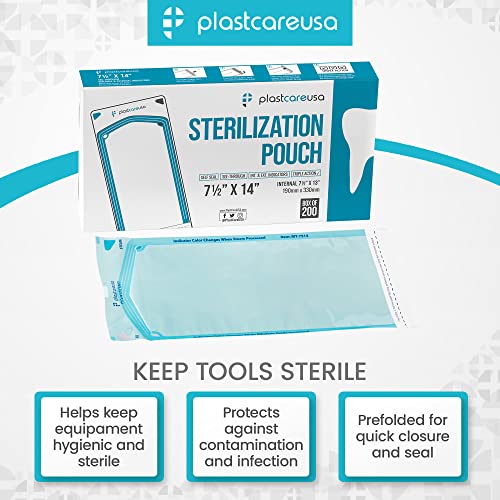 200 7.5 X 13 Self Sterilization Pouches for Dental Offices, Autoclave Sterilizer Bags Pouch for Dentist Tools, for Cleaning Tools, 200 Pouches Per Box, 1 Box of Paper Blue Film