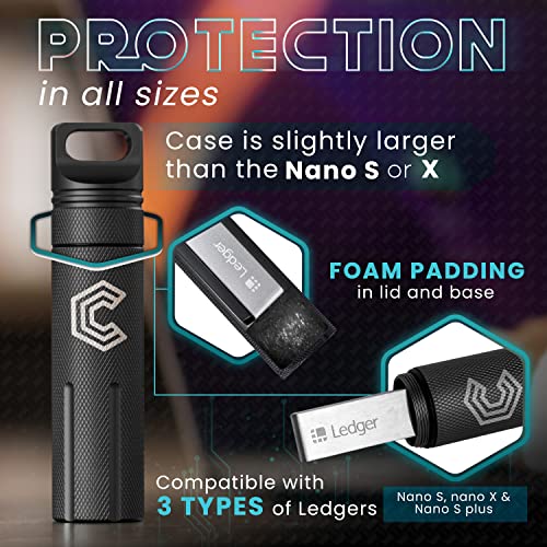CryptoPod Ledger Nano Case - Fits Nano S/X/S Plus & Yubikey USB - Aluminum Alloy, Fire Resistant & Waterproof - Protective Cold Wallet Storage for Cryptocurrency Device Storage (Black)