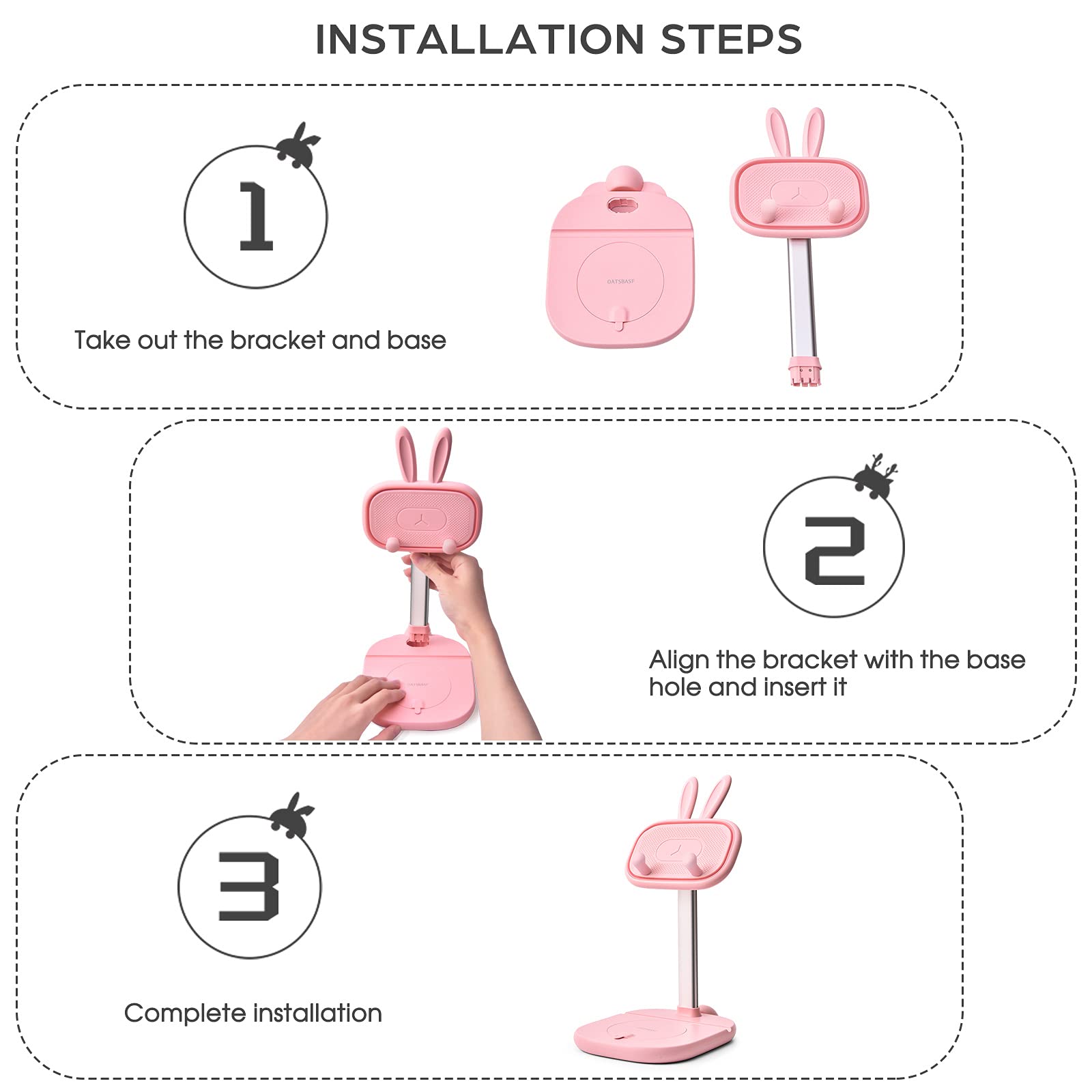 OATSBASF Cute Bunny Tablet Stand for Desk, Adjustable Height Tablet Stand Holder Dock Compatible with iPad, Pro 9.7, 10.5, 12.9 Air Mini, Tablet, Kindle, Nexus, Tab, E-Reader (4-13") (Pink Plus)