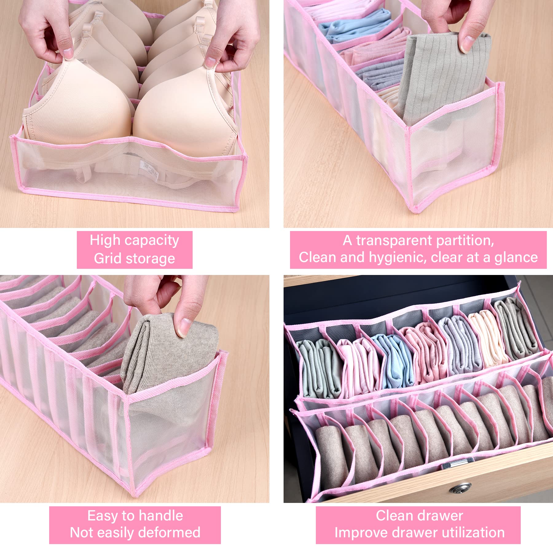 3pcs Underwear Organizers and Storage Baskets for Clothset Drawers, 6,7,11 Grids Wardrobe Clothes Organizer, Portable Clothing Storage Bins Containers for Bra,Underpants,Socks,Jeans,Scarf,Gray (WHITE)