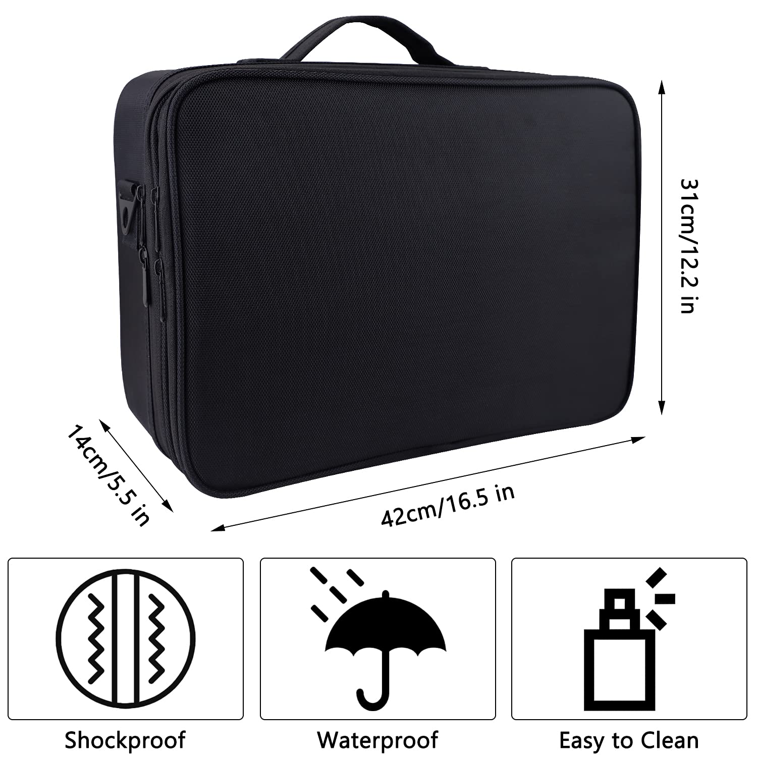 Oewoer Professional Travel Makeup Case 16.5 Inches Large Make Up Bag Cosmetic Train Case Portable Artist Storage Organizer Bag with Shoulder Strap for Makeup Brushes (L-Black)