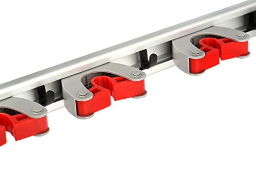 Alpine Industries Mop and Broom Holder Track - 5 Hooks 4 Holders Sliding Cleaning Tool Organizer - Heavy-Duty Adjustable Wall Mount Space Saving Storage Solution (4 Holders - 5 Hooks)