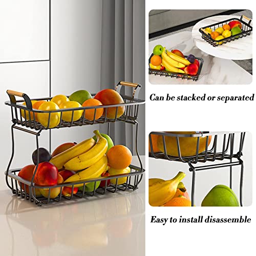 2 Tier Fruit Storage Basket Countertop for Kitchen, Bread Vegetable Farmhouse Fruit Basket Bowl Stand Detachable Metal Wire Basket with Wooden Handle for Kitchen, Reception, Dining Table(Black)