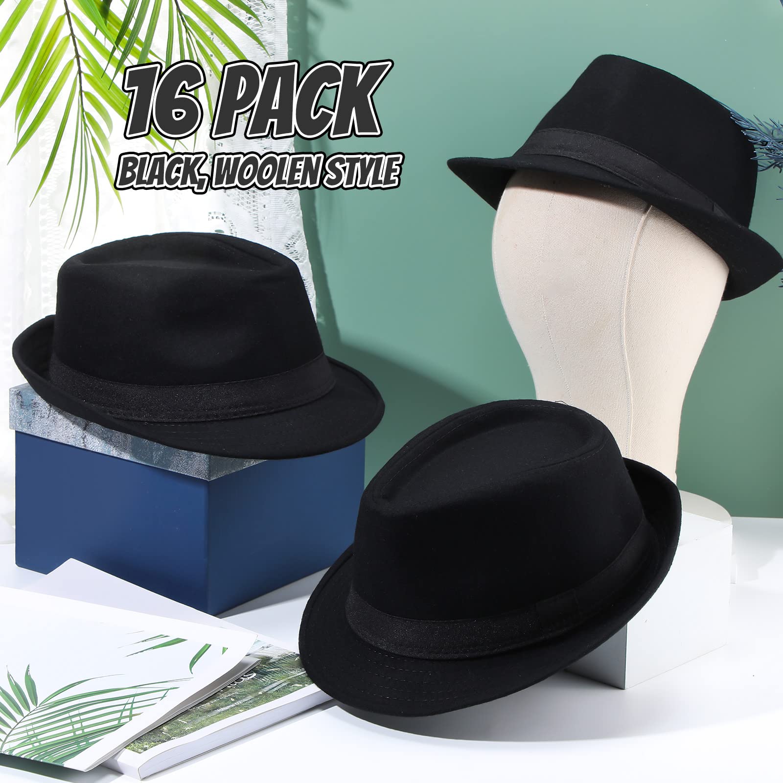 16 Pcs Straw Hats 1920s Classic Hats Short Brim Hat Summer Hats for Man Women Straw Hats Panama Hat (Black, Woolen)