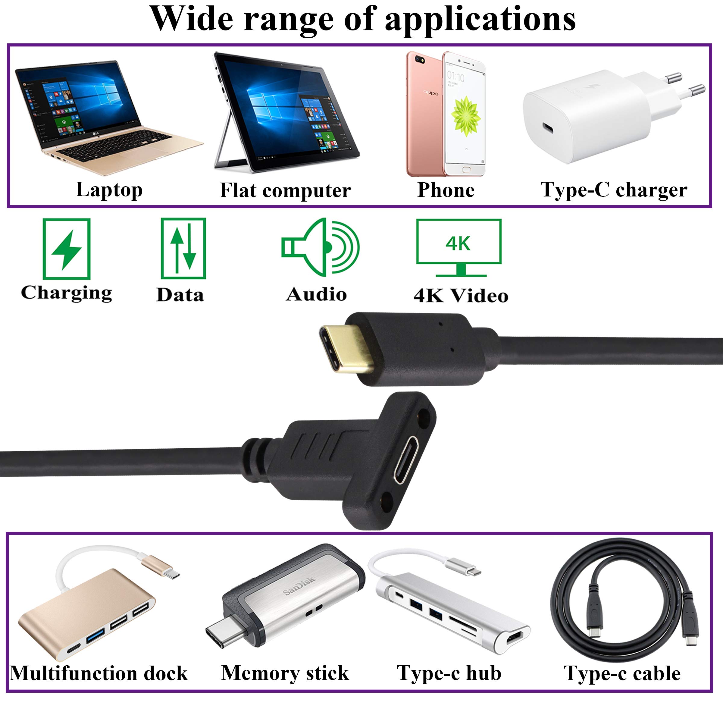 AAOTOKK USB Type C 3.1Panel Mount Adapter Cable USB-C 3.1 Gen2 10Gbps Male to USB C Female Panel Mount Screw Cable,Supports Charging,Data,Audio,Video Cable for Laptop,Tablet,Mobile Phone(0.3M/1ft)