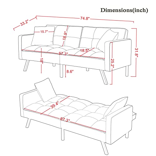 Velvet Futon Sofa Bed with Two Pillows, Convertible Sleeper Sofa Couch with 3 Angle Adjustable Backrest, Modern Loveseat with 6 Metal Legs for Living Room, Bedroom (Blue)