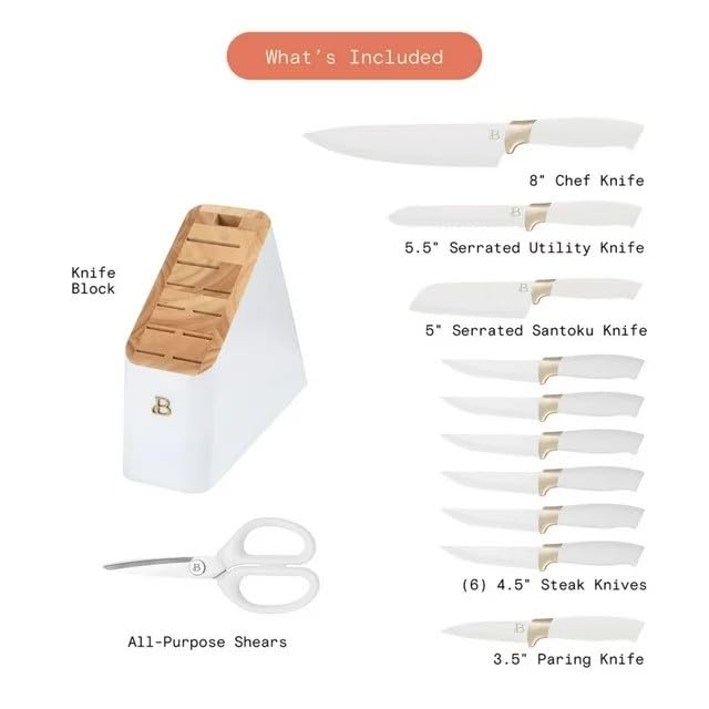 12 Piece Beautiful Knife Block Set with Soft-Grip Ergonomic Handles White and Gold by Drew Barrymore